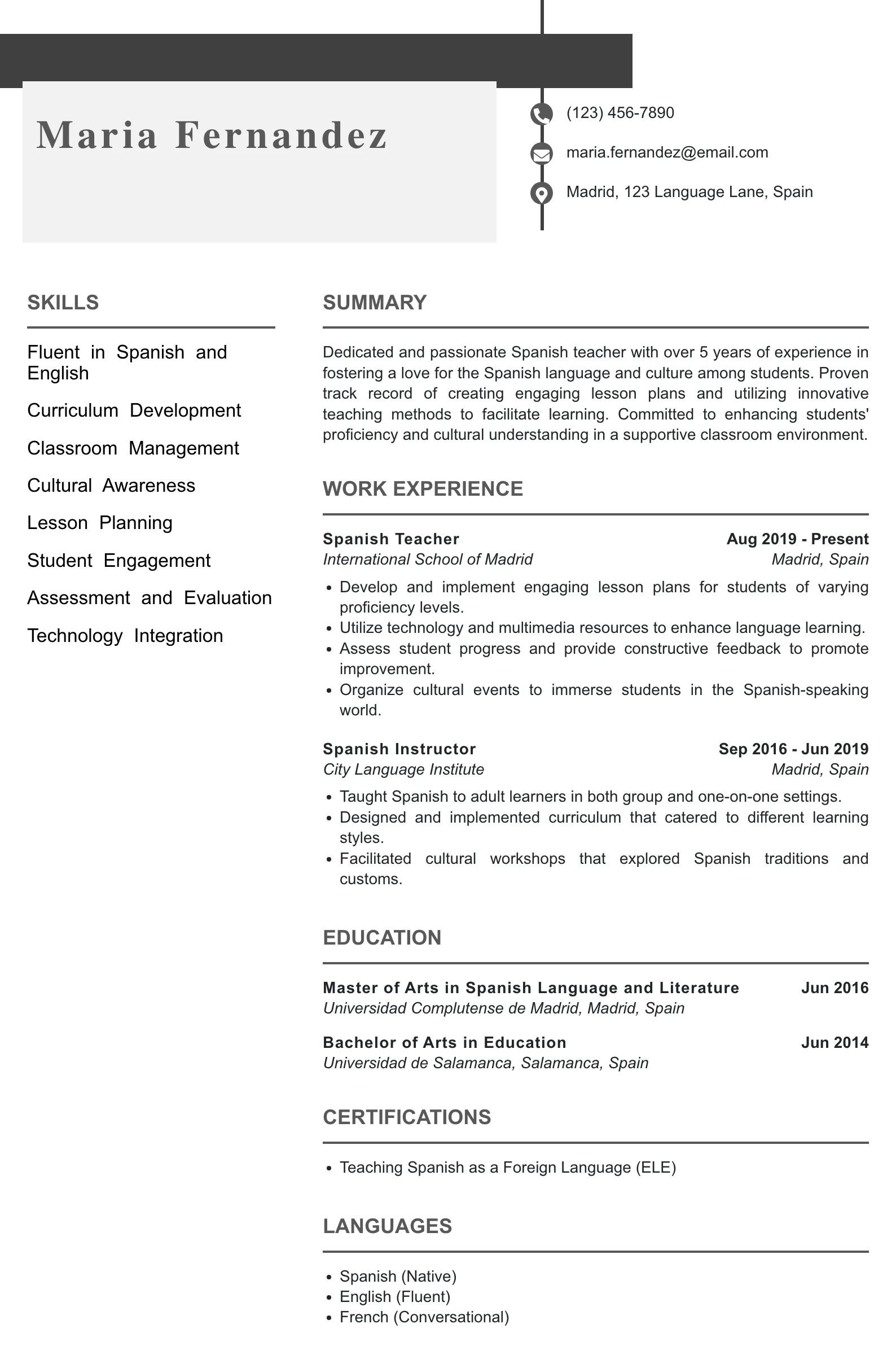 Top 10 Spanish Teacher Resume Examples That Will Get You Hired (2025 ...